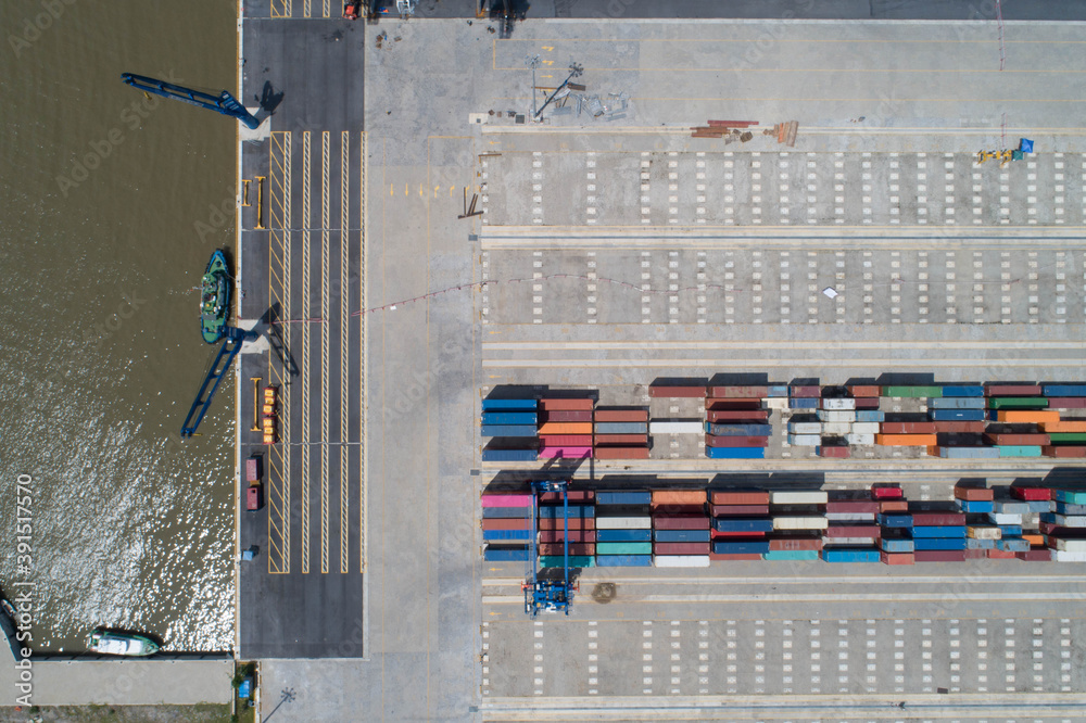Aerial view, top view cargo ship port in the export, import by ship ...