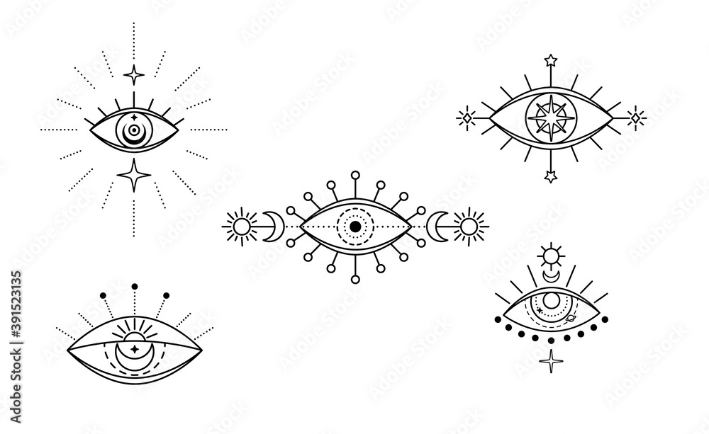Evil seeing eye symbol set. Occult mystic emblem, graphic design tattoo ...