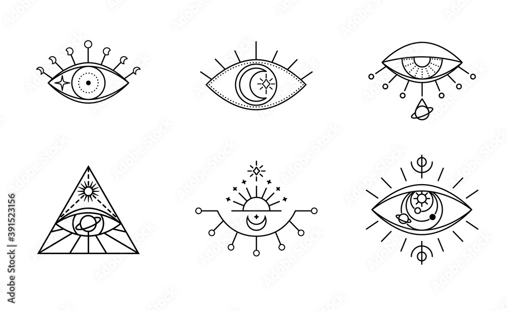 Evil seeing eye symbol set. Occult mystic emblem, graphic design tattoo ...