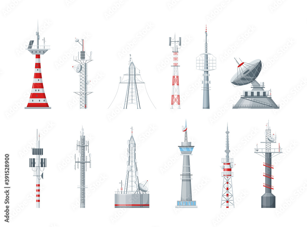 Communication Towers Set Radio Wireless Masts And Telecommunication