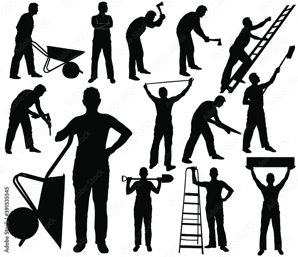 Silhouettes of worker isolated on white background. Profile of man ...