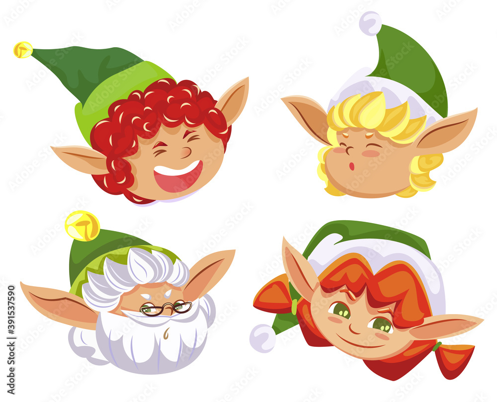Four elves having fun and laughing. Happy faces of little boys and girl ...