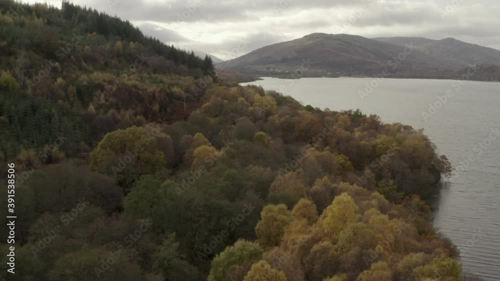 An aerial view looking down Loch Tay on an autumn day, Stirling ...