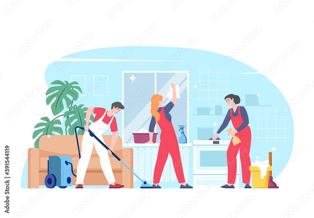 Cleaning service, team of home cleaners in uniform, vector cartoon ...