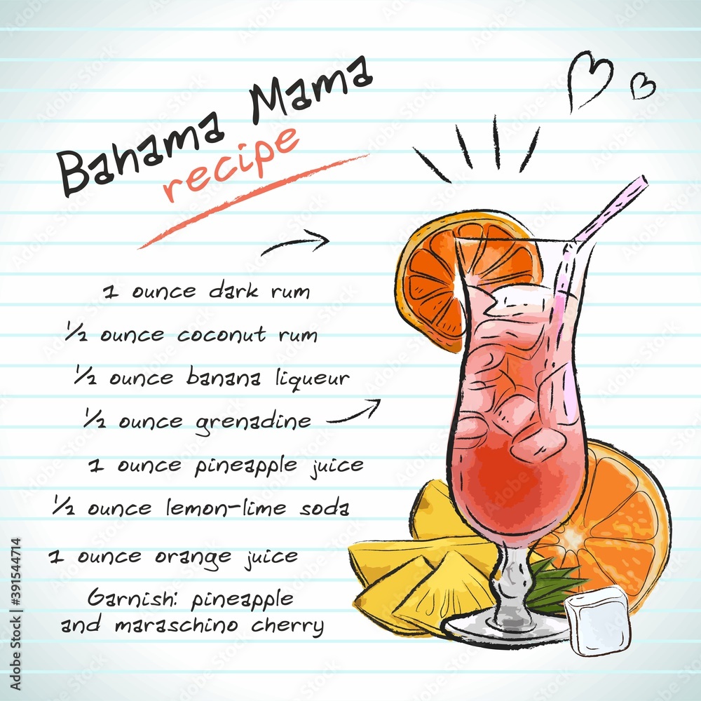 Bahama Mama cocktail, vector sketch hand drawn illustration, fresh ...