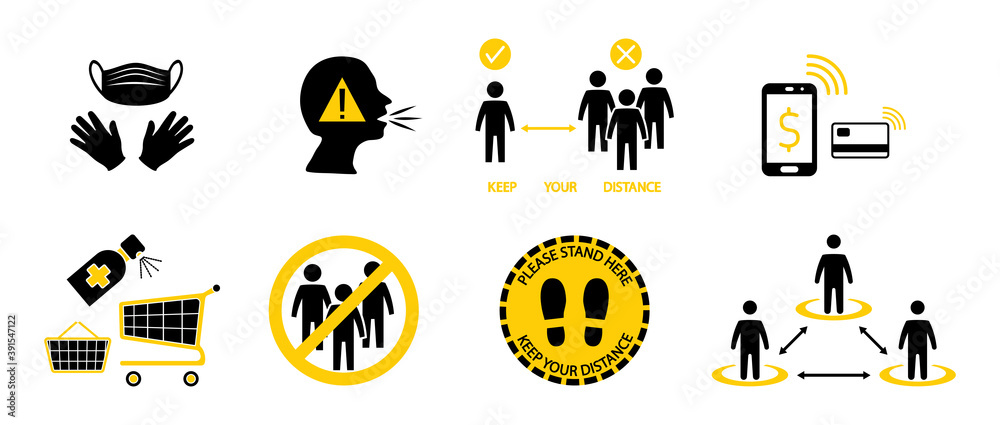Safe shopping. Social distancing. Included icons as a mask and gloves ...