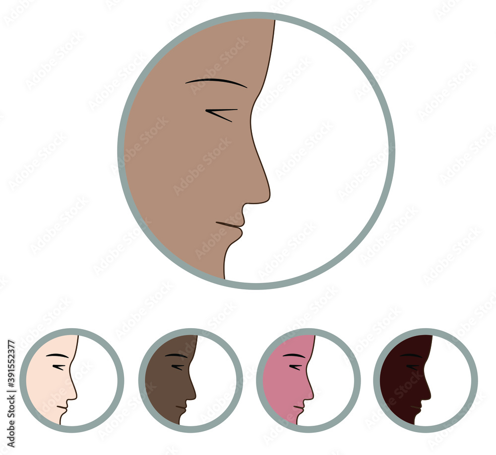 Human's faces from the side of different skin colors. Set of vector ...