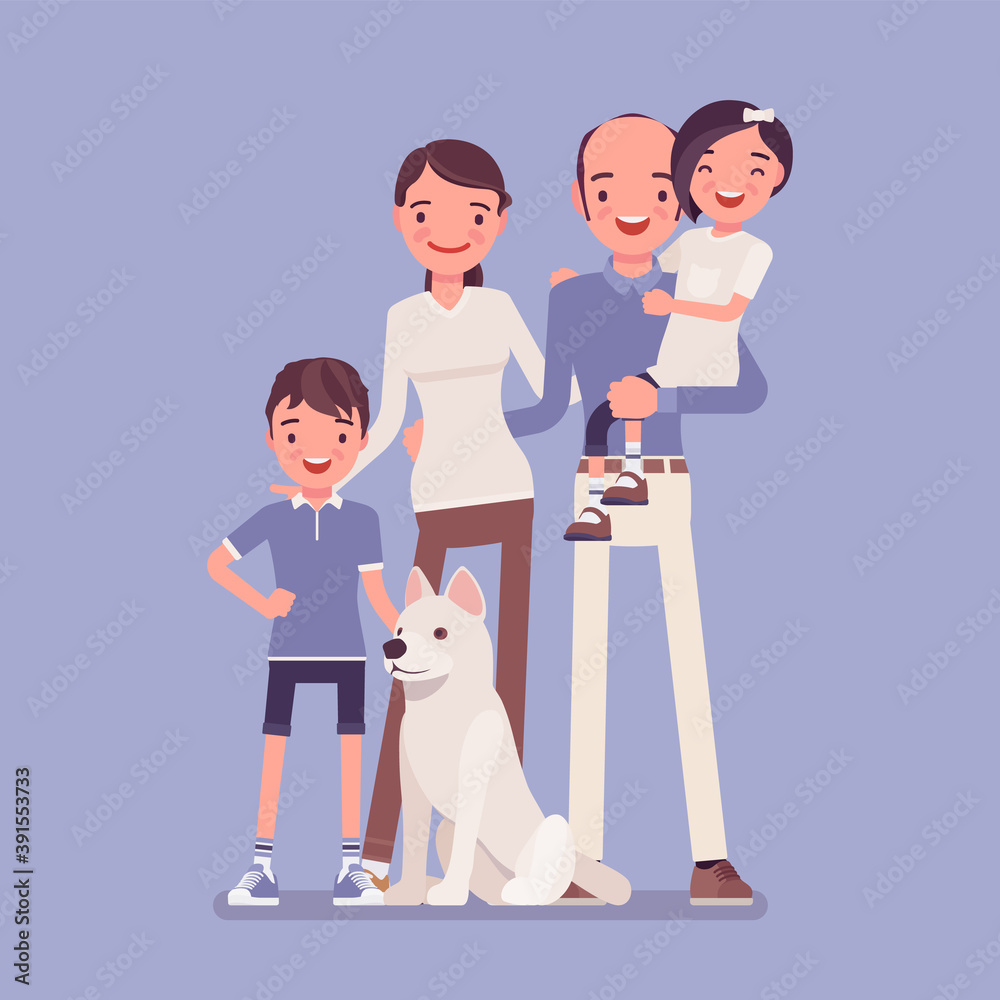 Happy family of four with dog pet, full length portrait. Smiling ...