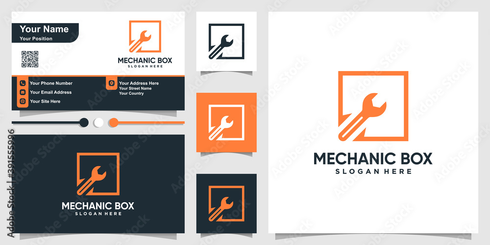 Mechanic logo with square box outline style and business card design ...
