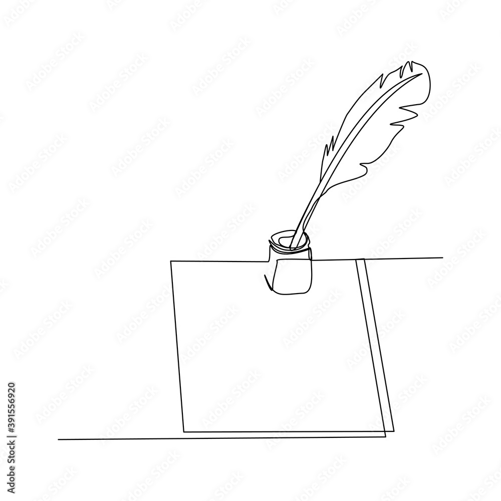 Continuous line drawing of quill pen ink and paper. One line art ...