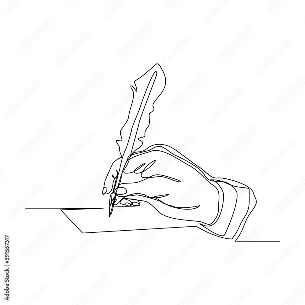 Continuous line drawing of hand writing use quill pen ink. One line art ...
