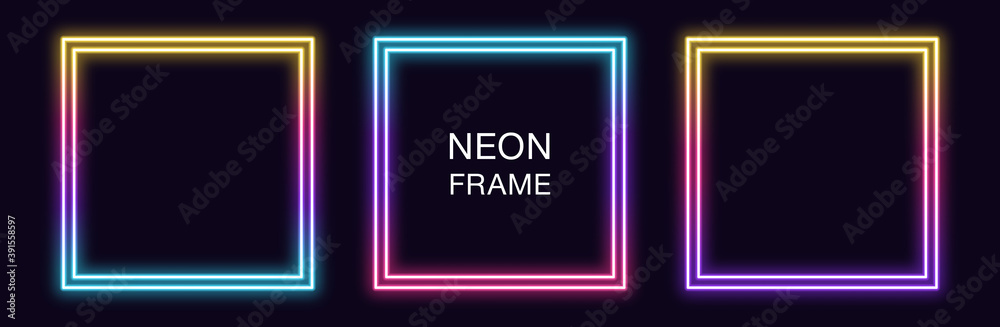 Gradient neon square Frame. Vector set of quadrate neon Border with ...