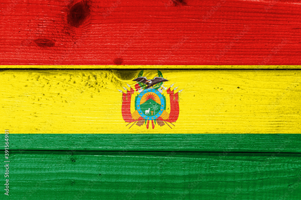Bolivia flag painted on old wood plank background. Brushed natural ...