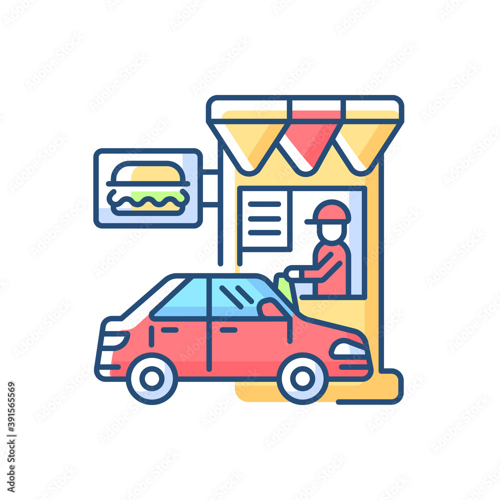 Drive through restaurant RGB color icon. Fast food cafe with car lane ...