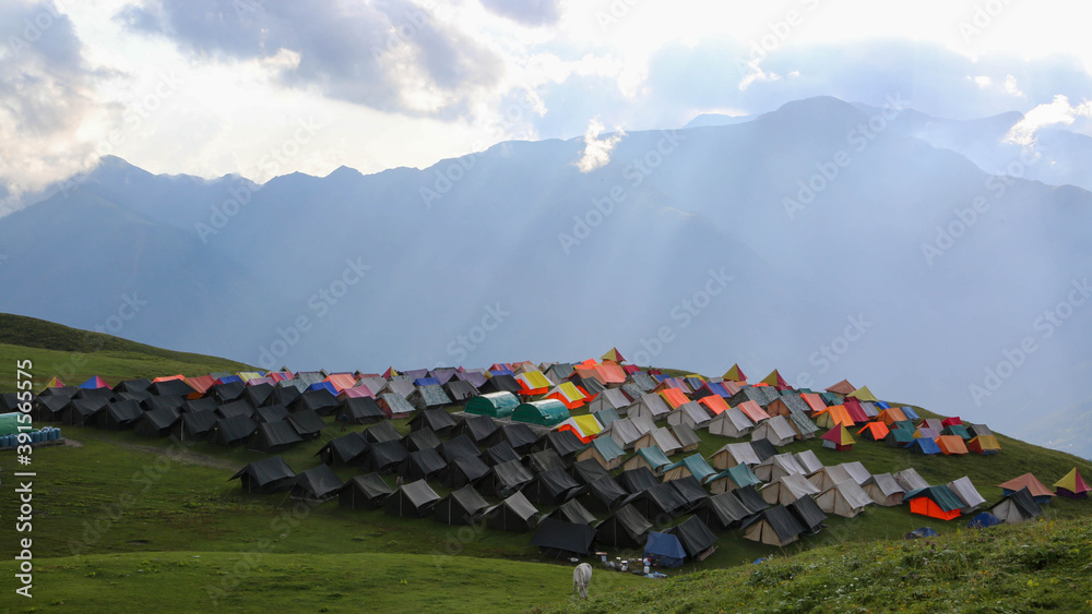 Himalayan Meadows, grass land and tent colony in India. The Eastern ...