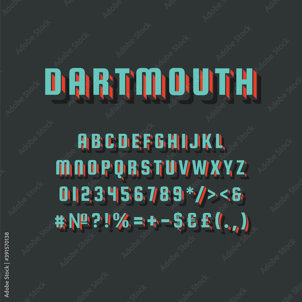 Dartmouth vintage 3d vector alphabet set. Retro bold font, typeface ...