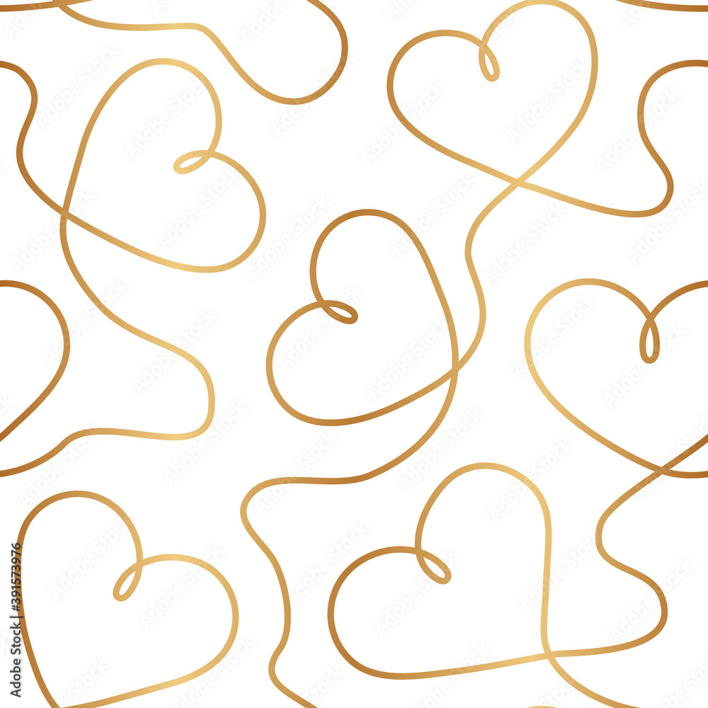 Continuous line hearts. Gold heart seamless pattern. Elegant outlined ...