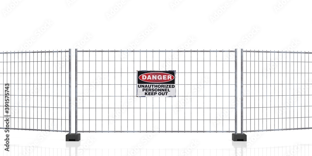 Realistic metal wire fence and gate. Danger warning. Prison barrier or ...