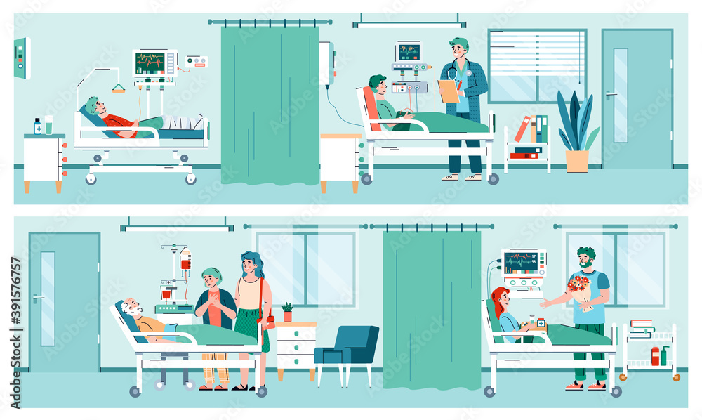 Set of hospital ward interiors with patient, doctor and relatives ...