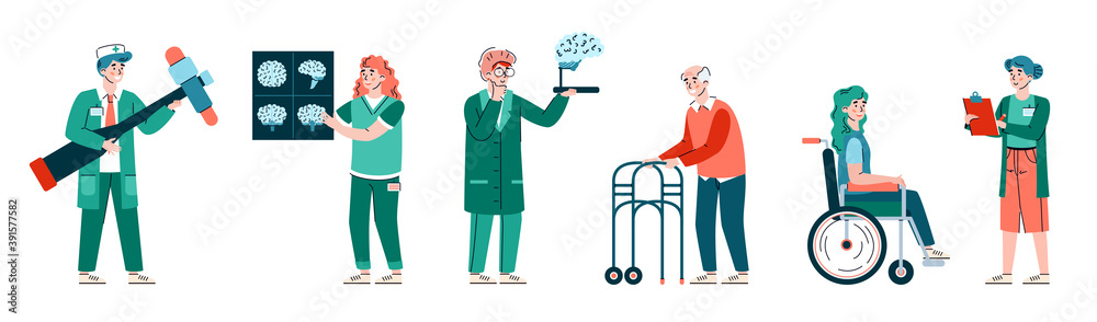 Neurology medicine banner with doctors neurologists and patients, flat ...