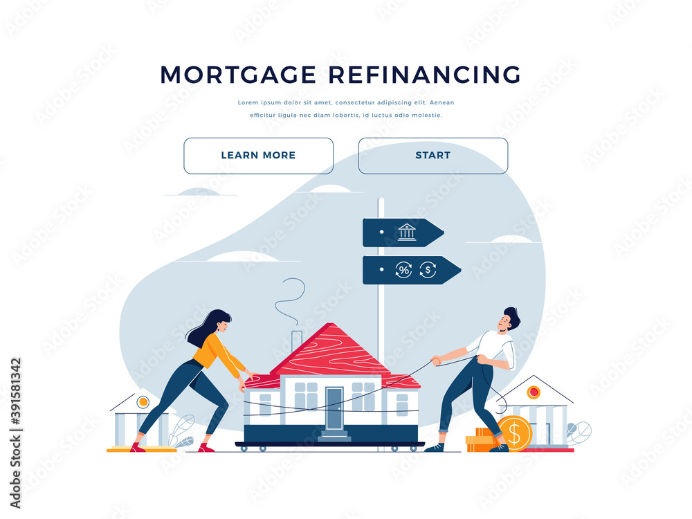 Mortgage refinance banner. Co-borrowers push and drag a home to the ...