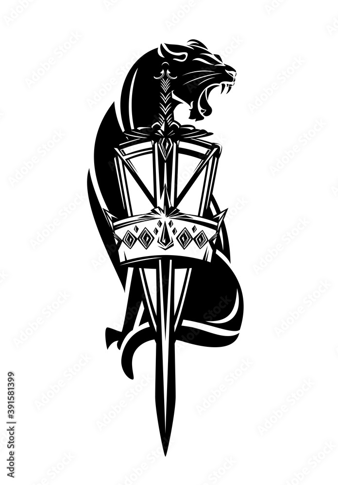 roaring panther with heraldic shield, crown and sword - royal coat of ...