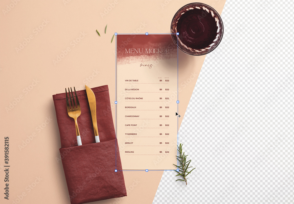 Table Thin Menu with Cutleries, Napkin, Drink, and Herbs Stock Template ...