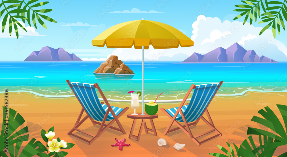 Summer tropical beach with sun loungers, table with cocktails, umbrella ...