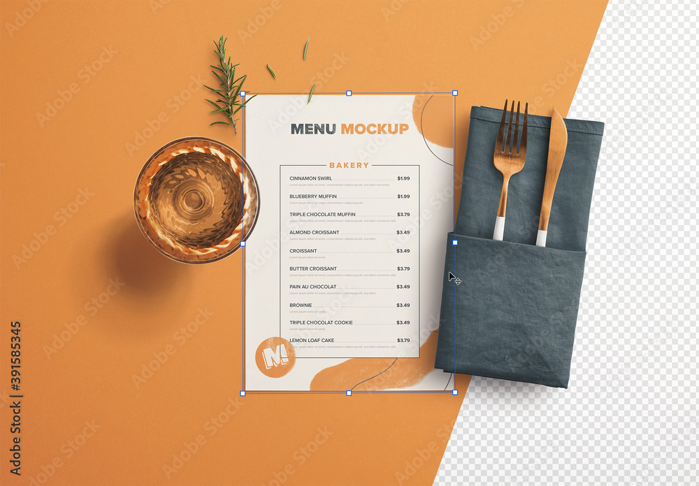 Table Small Menu with Cutleries, Napkin, Drink, and Herbs Stock ...