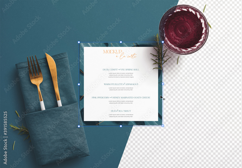 Table Small Square Menu with Cutleries, Napkin, Drink, and Herbs Stock ...