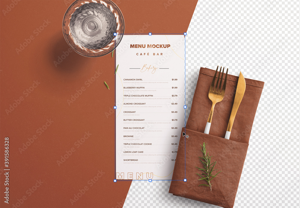 Table Thin Menu with Cutleries, Napkin, Drink, and Herbs Stock Template ...