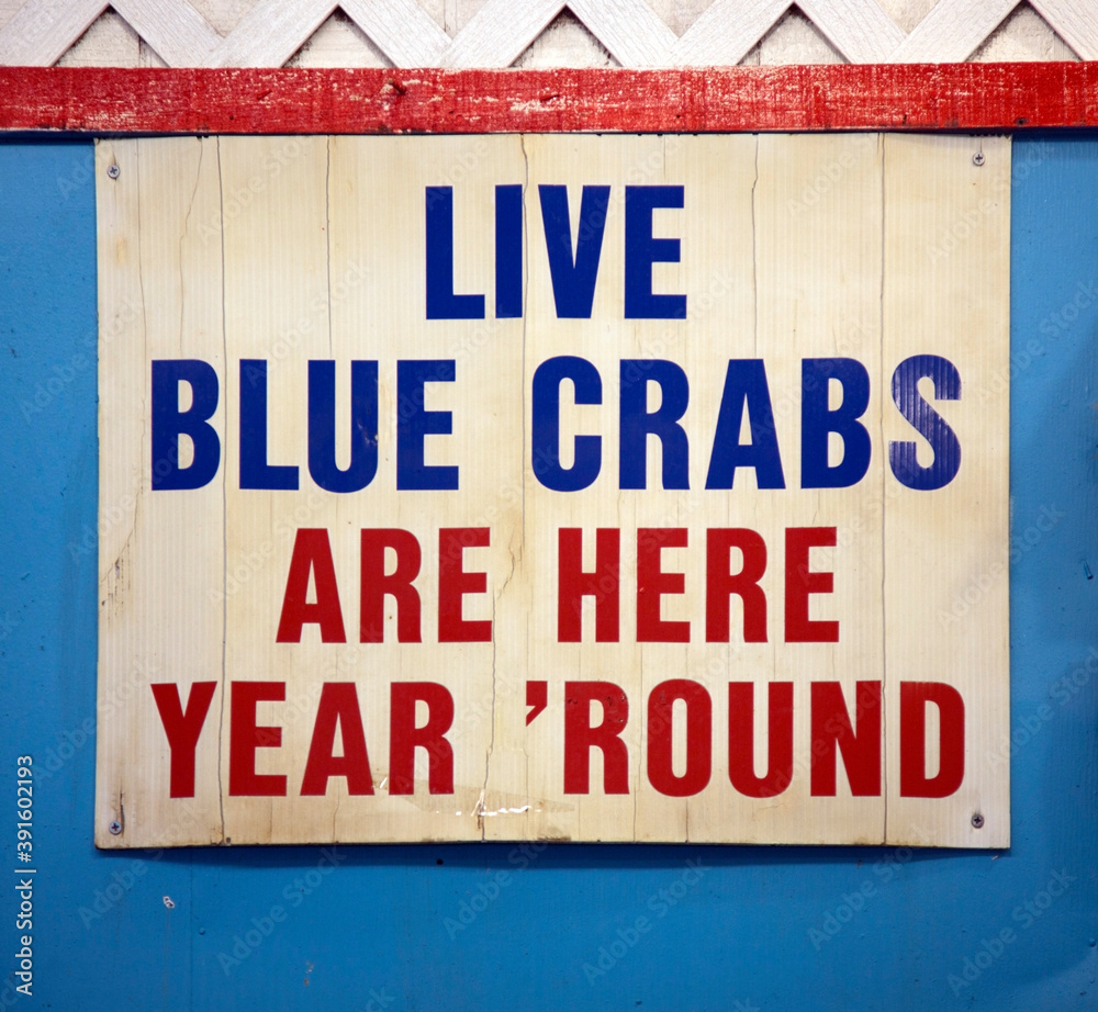 LIVE BLUE CRABS ARE HERE YEAR ROUND sign mounted on blue wall ...