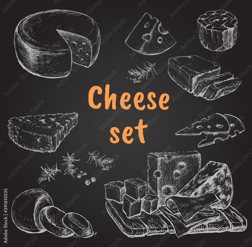 Cheese Set Hand Drawing Vector Illustration. Isolated curds collection ...
