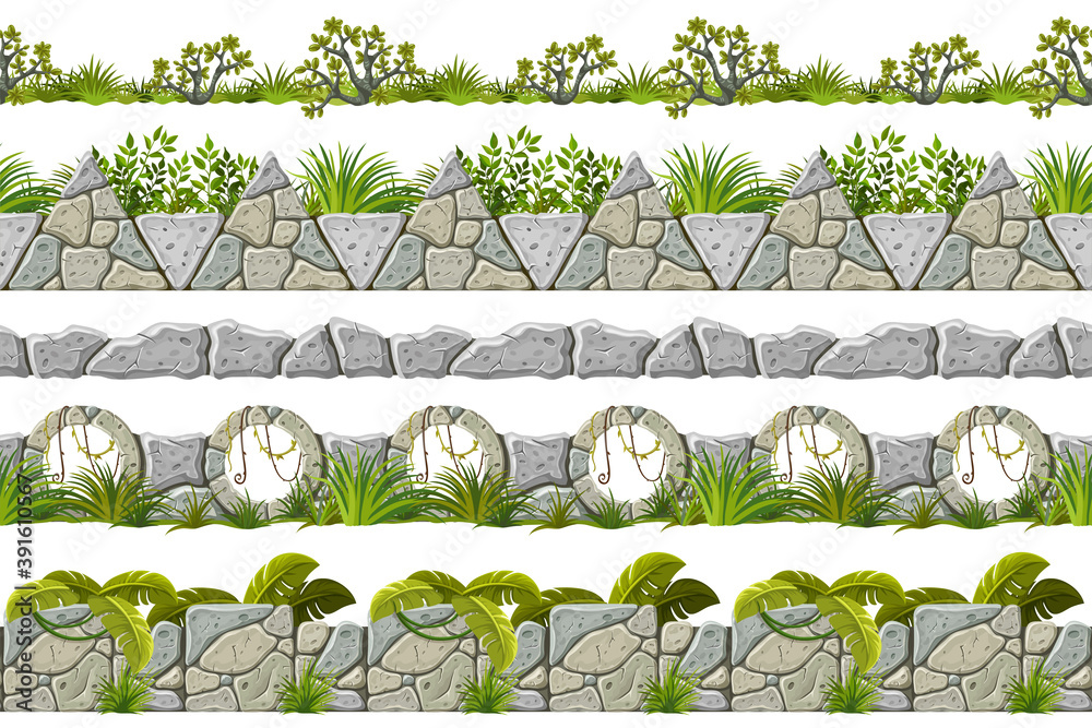 Set of seamless border old gray rock and grass. Vector stone sidewalks ...