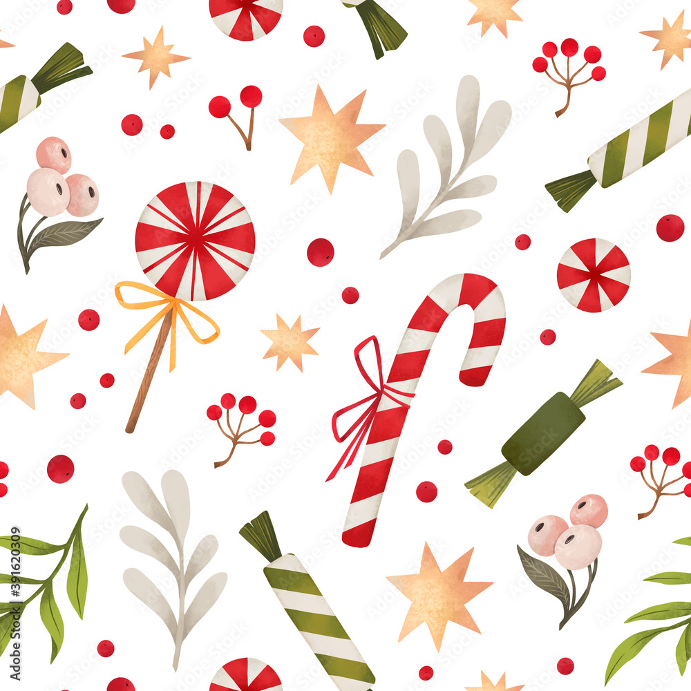 Watercolor Christmas Seamless pattern with foliage and candy. Winter ...