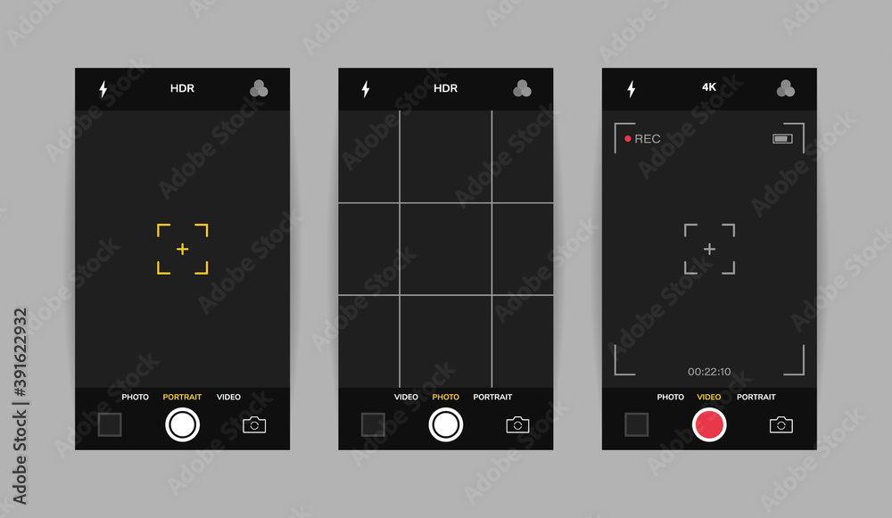 Phone camera interface vertical view. Mobile app application. Photo and ...