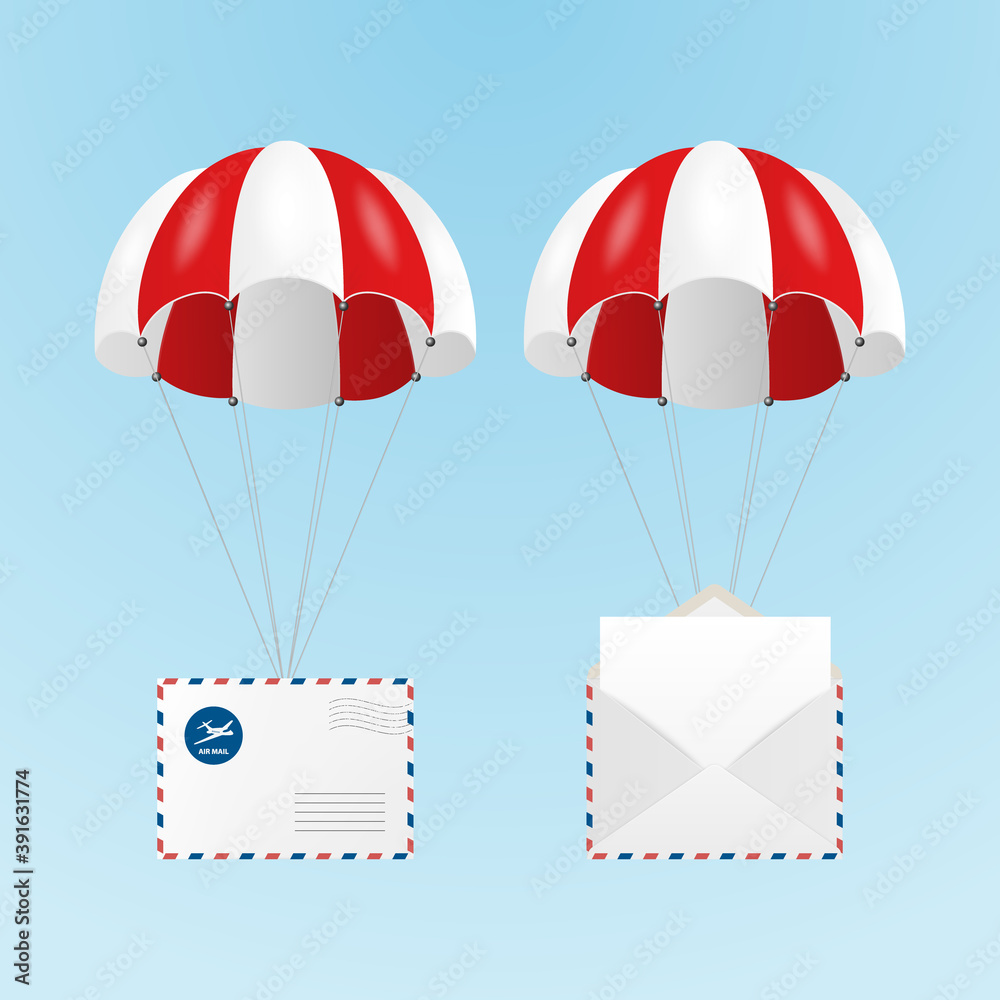 Vector 3d Realistic Flying Red and White Parachute with Closed and ...