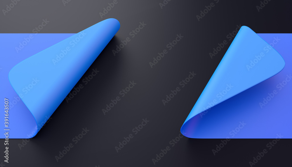 Blue page curl on dark background for cover template design. 3d render ...