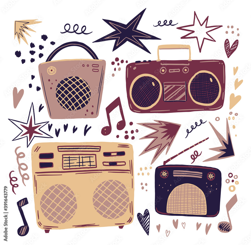 Vintage radios and tape recorders. Collection of flat hand drawn vector ...