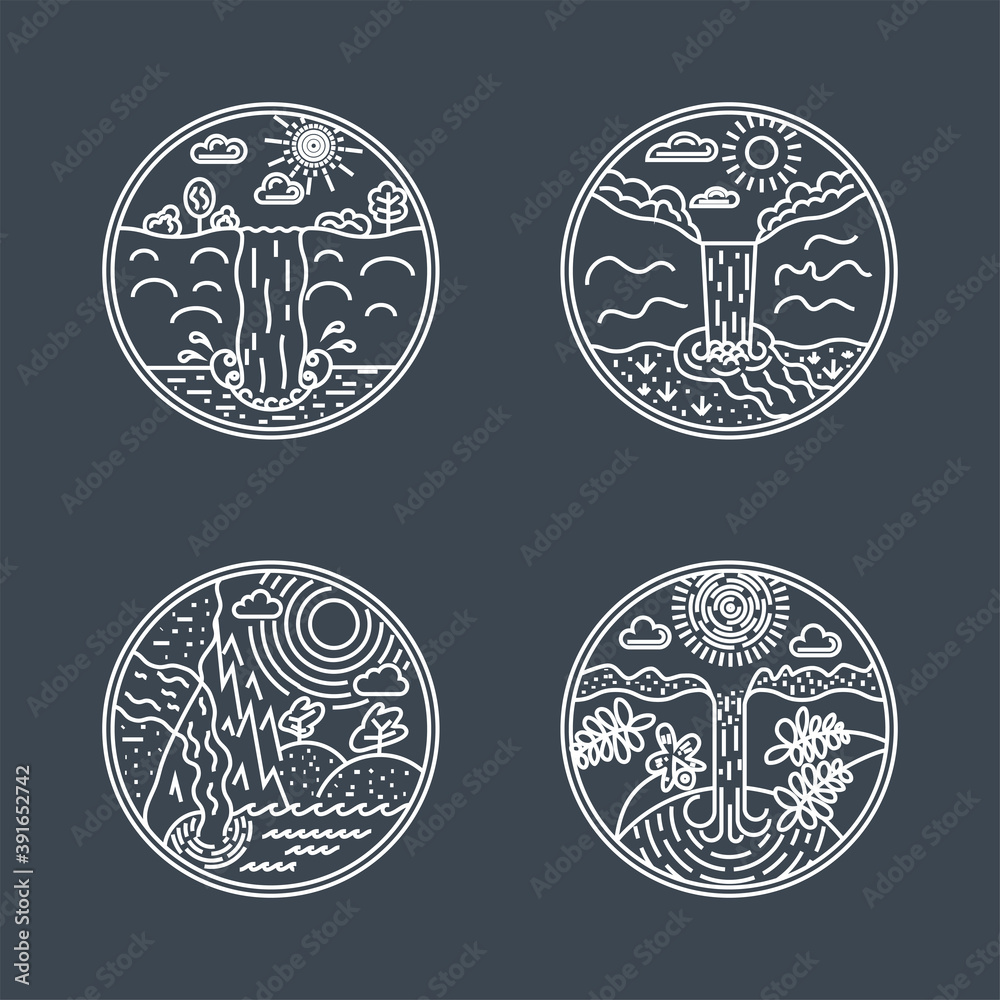 Set of Waterfall linear labels. Logotype templates and badges with ...