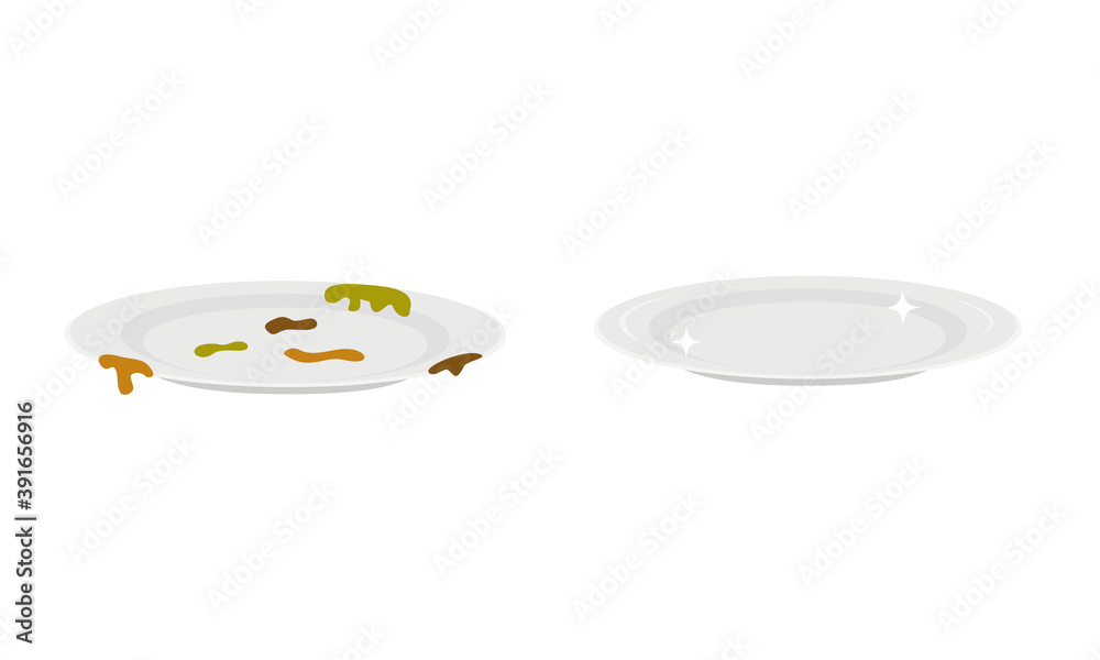 Dirty plate with scraps and leftover food and clean shiny plate ...