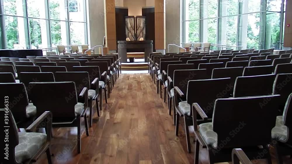 Empty Synagogue Sanctuary, In the Aisle Facing the Bimah, Tilt Stock ...