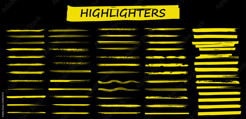 Detailed Highlighters. Paintbrush lines. Marker color stroke. Yellow ...