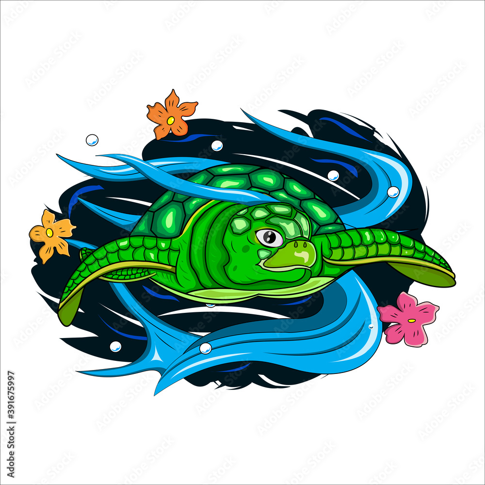 illustrations of turtles swimming in water current, suitable for use as ...