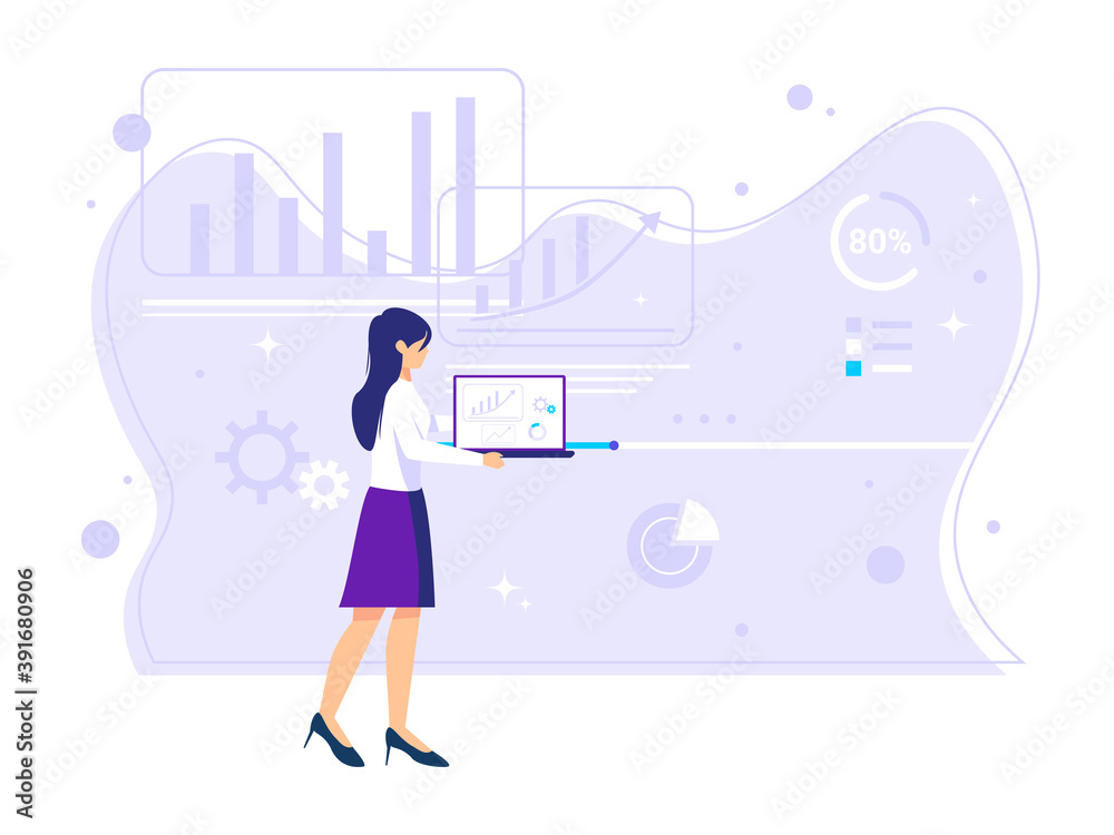 Digital infographic chart background. business woman and laptop ...