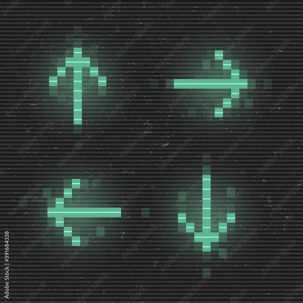 Retrofuturistic set of glitch arrows. Green glowing digital pointers. 8 ...