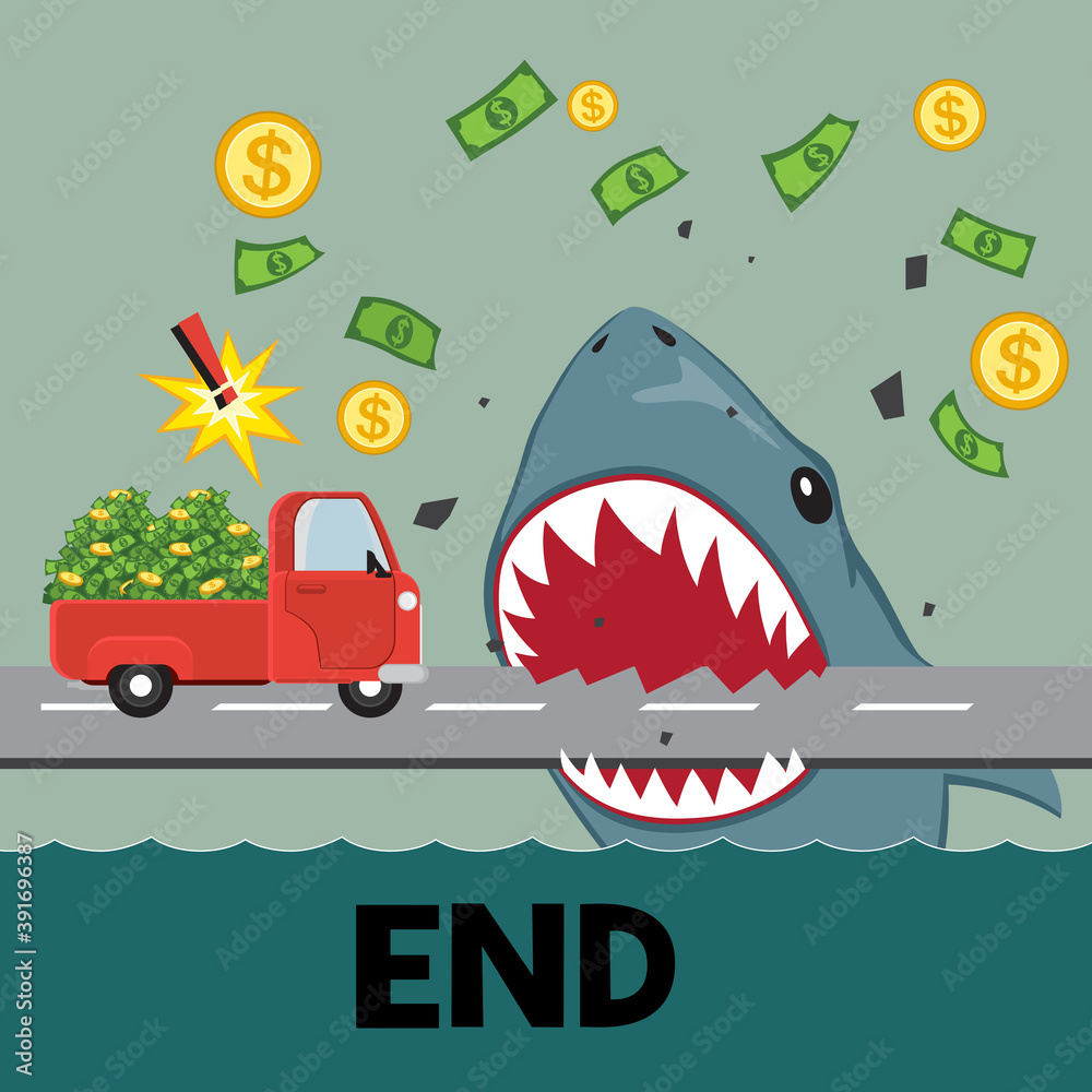 Business shark attacking money and eats money while transport money ...
