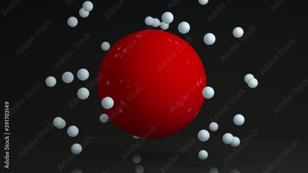 3D animation of a red sphere from which white particles and balls fly ...