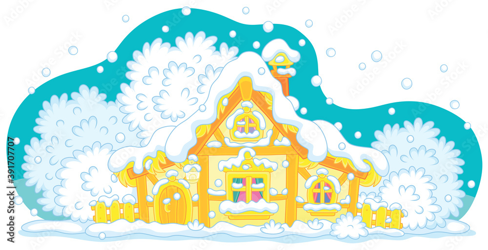 Snow-covered small wooden house from a fairytale on a snowy and frosty ...