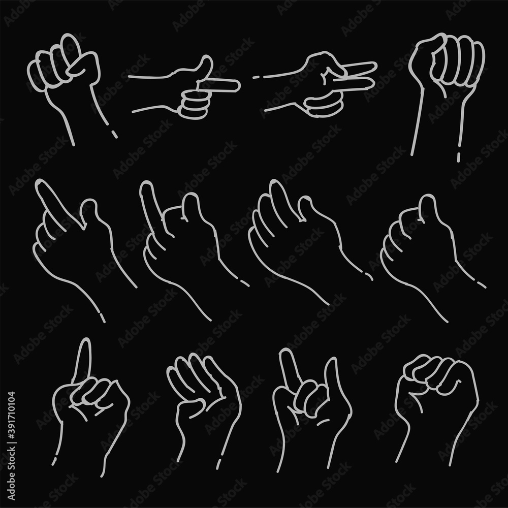 sets of Sign Language Theme Doodle Collection in black Isolated ...